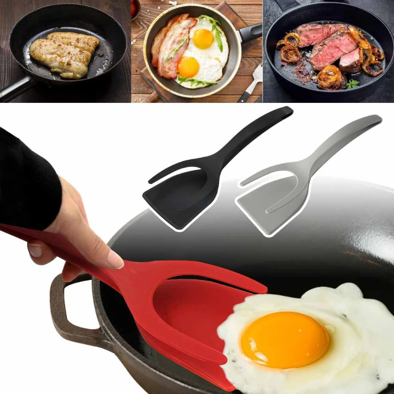 2-in-1-Spatula-Clip-Silicone-Handle-Egg-Turnover-Steak-Spatula-Tongs ...