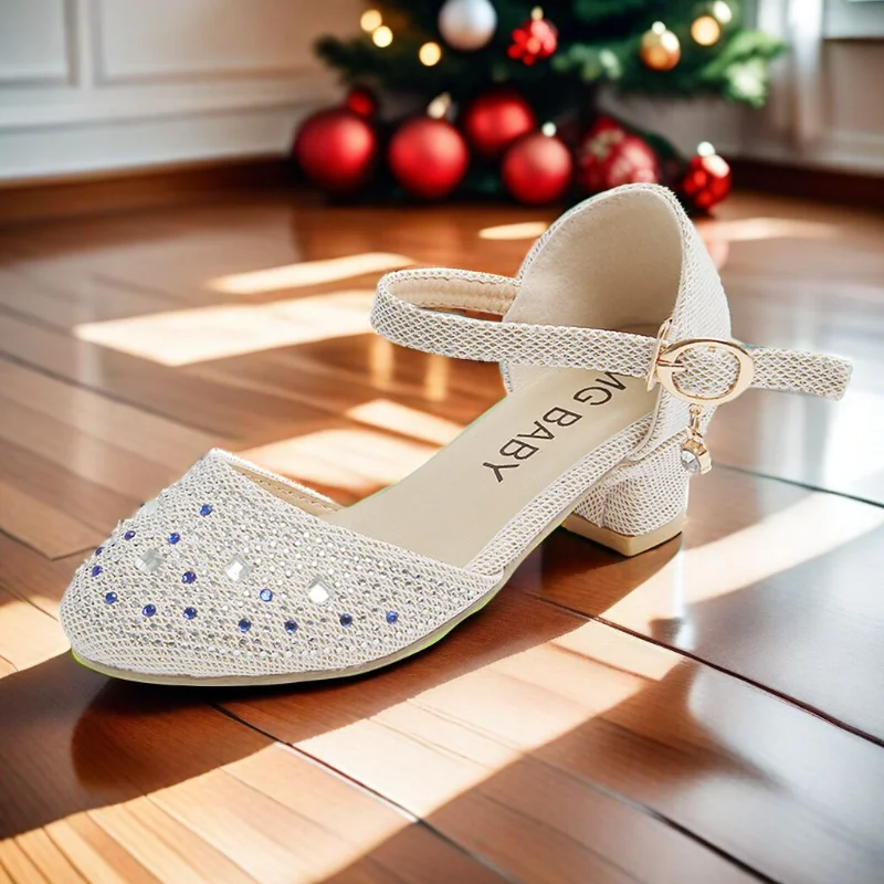 Girls Leather Shoes Pink New with Heel Rhinestone Girls Princess Single ...