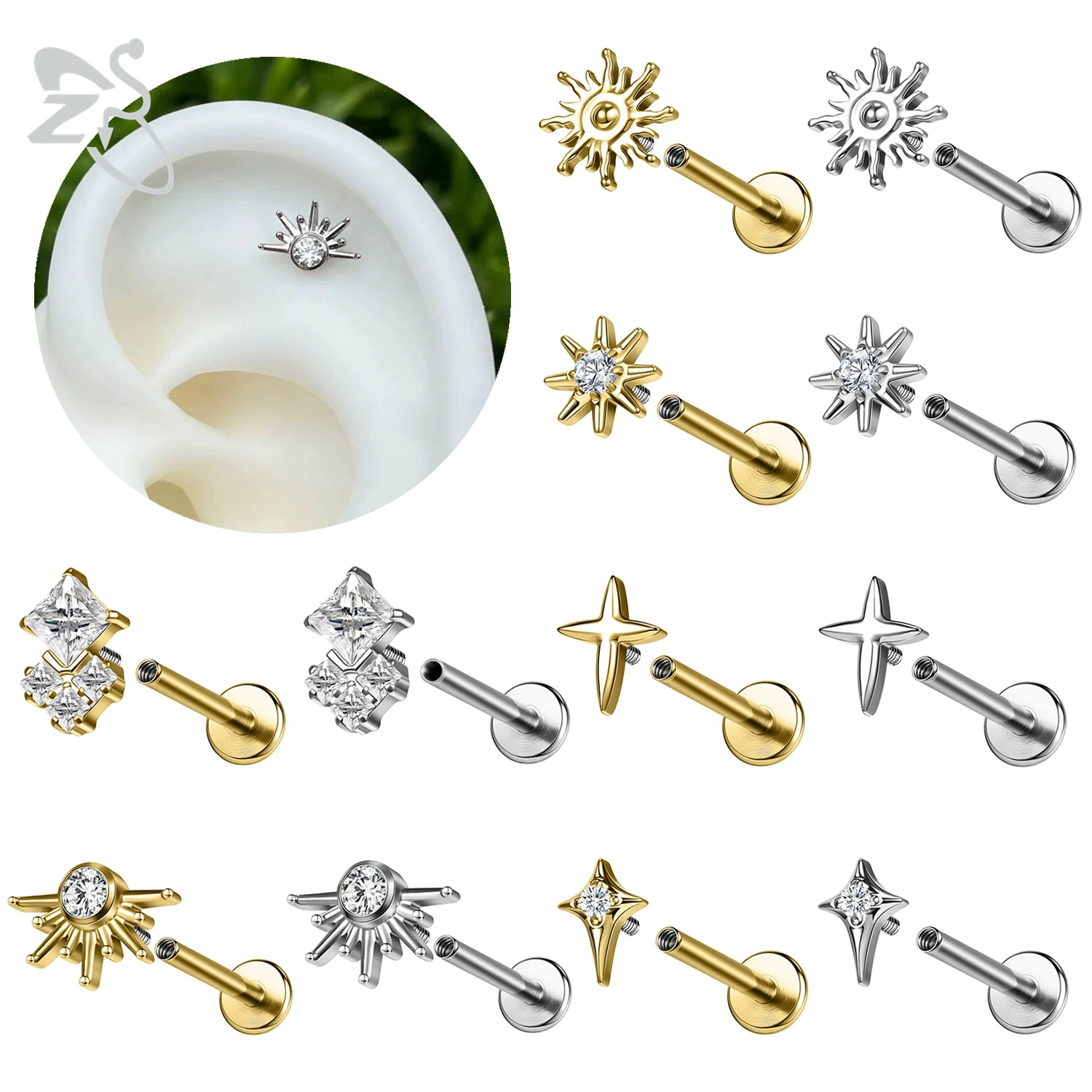 ZS-1Piece-16G-G23-Titanium-Steel-Internal-Thread-Labret-Lip-Piercing-CZ ...