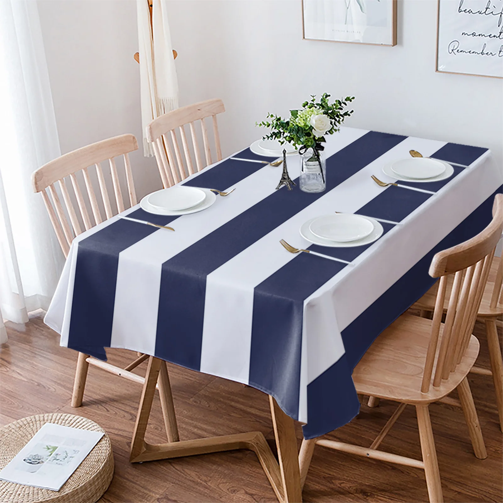 Navy Blue White Stripes Tablecloth Waterproof Dining Table Party ...