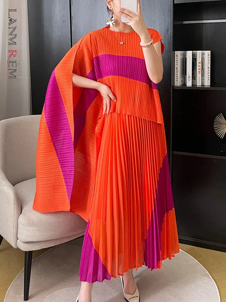 LANMREM-2-Pieces-Pleated-Set-Women-Irregular-Print-Color-Block-Shirt ...