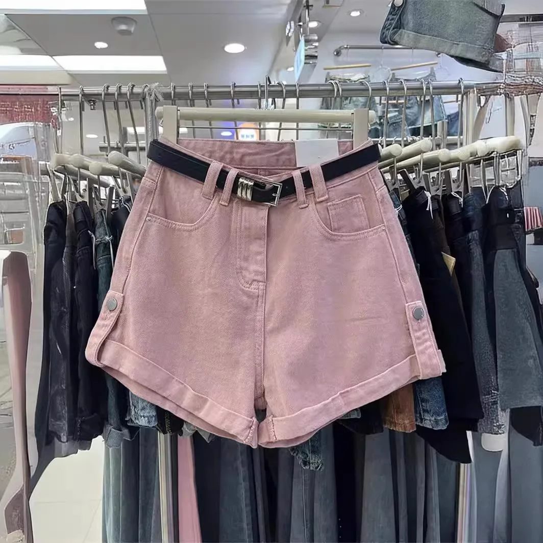 Pink-Denim-Shorts-for-Women-s-2024-New-Summer-Curled-High-Waisted-A ...