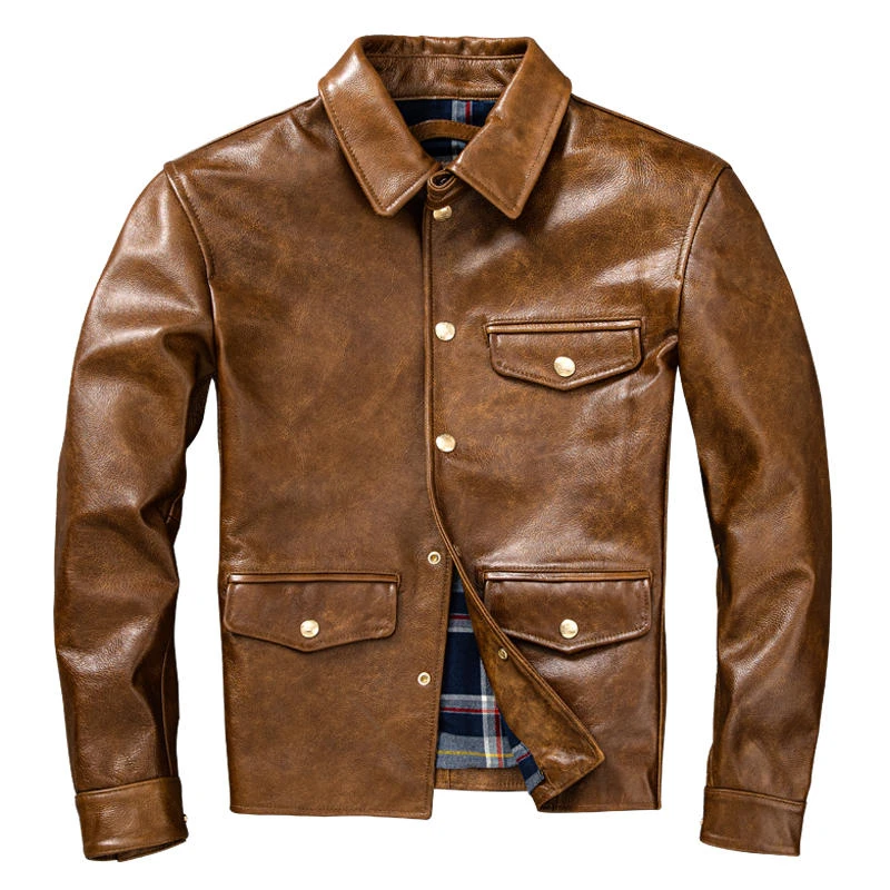 Brown Autumn Leather Jacket Men Single Breasted Plus Size 5XL Natural ...