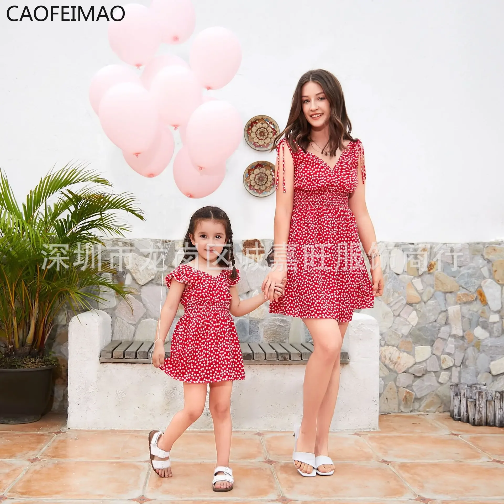 V-Neck Mother Daughter Dresses Family Set Flower Mommy and Me Matching ...