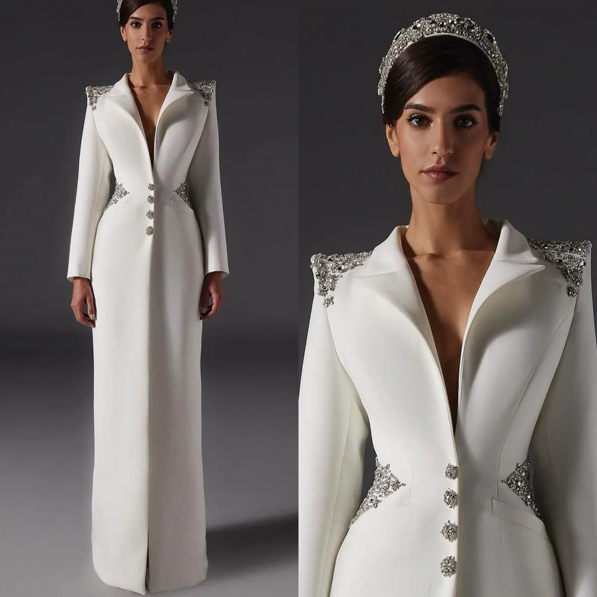 Women Long Blazer Dress Slim Fit Beading V Neck Jacket Prom Evening ...