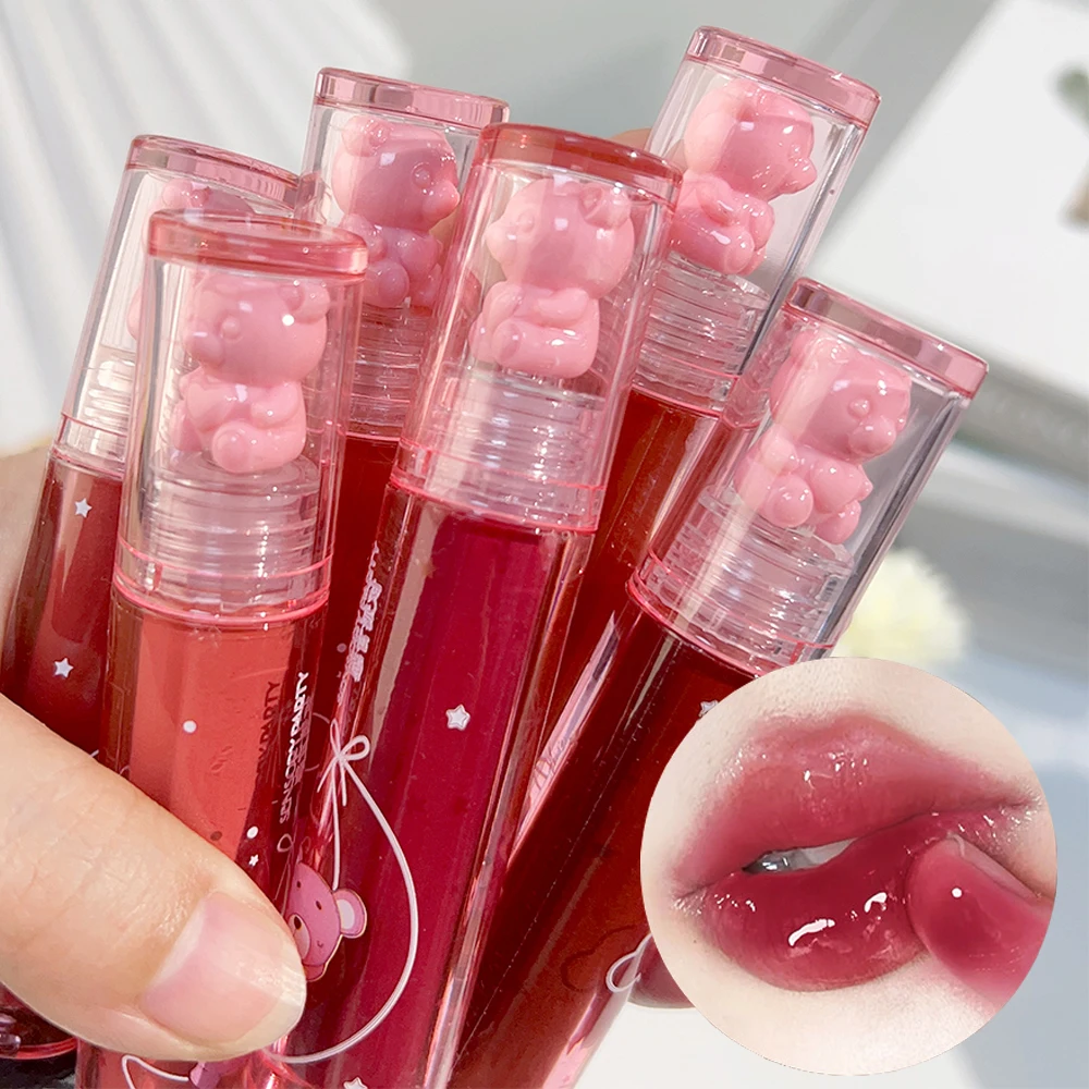 Crystal-frozen Glossy Lip Glaze Cute Bear Pink Jelly Lipgloss Glossy ...