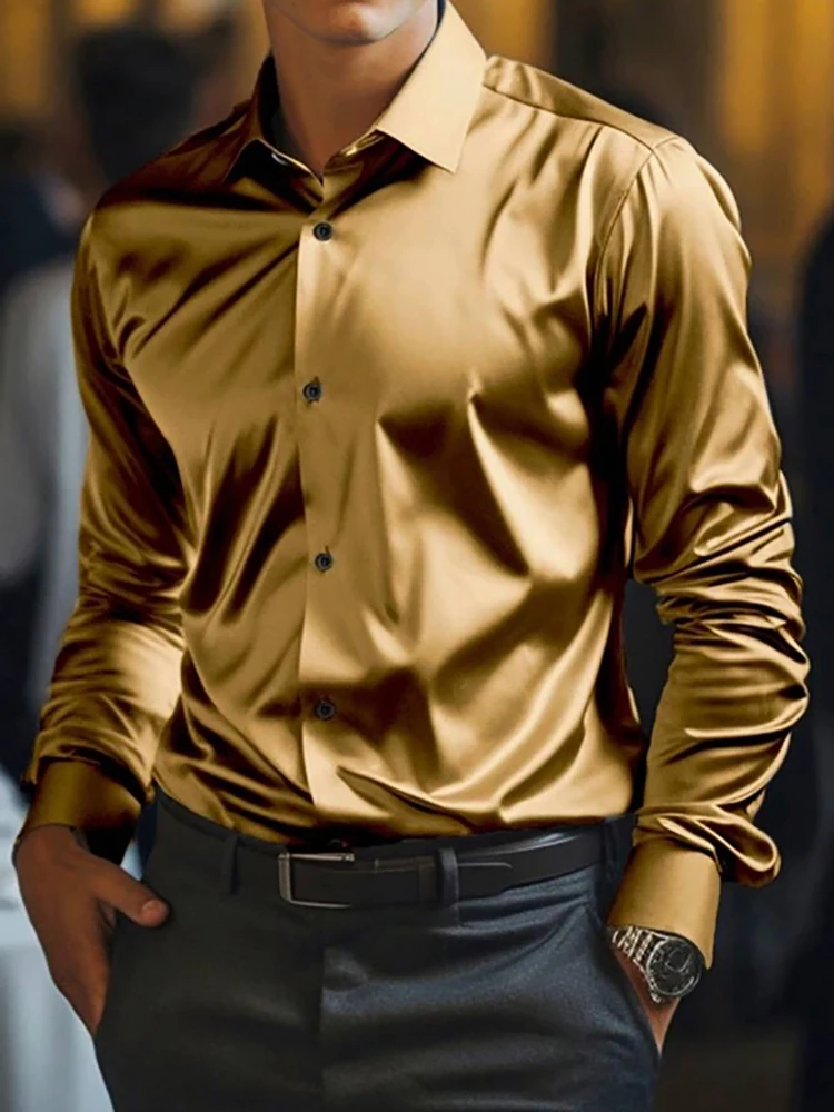 Men's Elegant Gold Business Shirt Long Sleeve Formal Evening Office ...