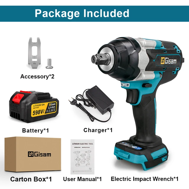 1800N.M Torque Brushless Electric Impact Wrench 1/2 inch Lithium-Ion Battery Cordless Wrench ...