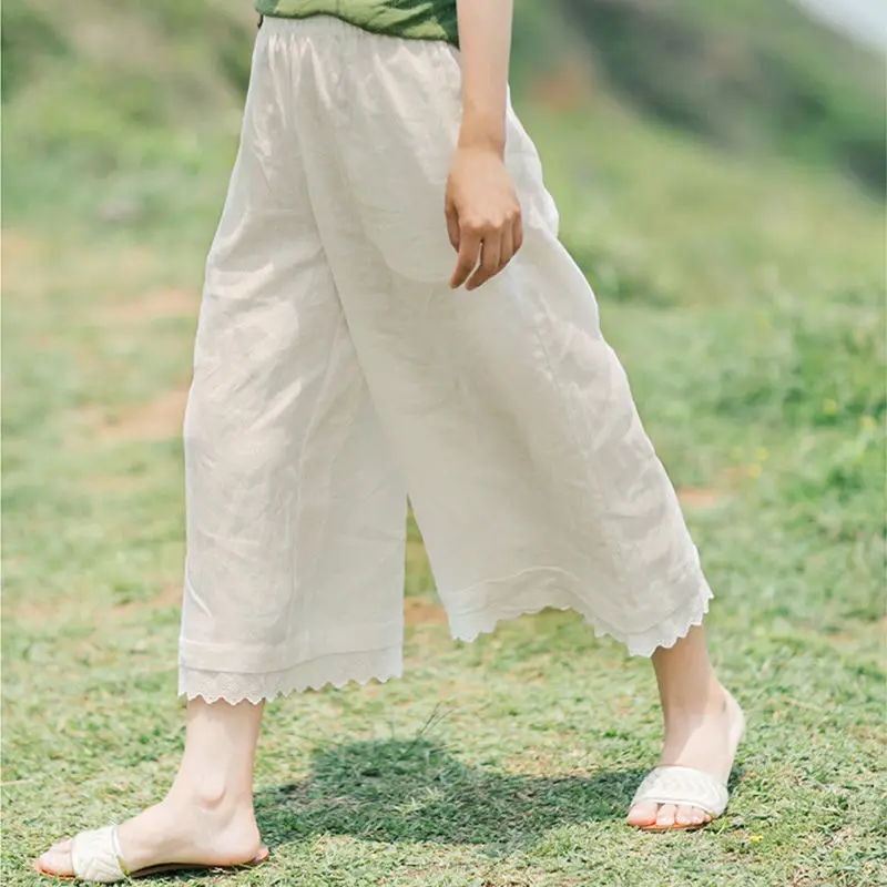 Cotton and Linen Wide Leg Pants Women Summer Elastic Waist Calf length ...
