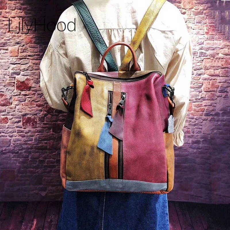 Oversized Women Vintage Cowhide Leather Backpack Travel Casual Retro ...