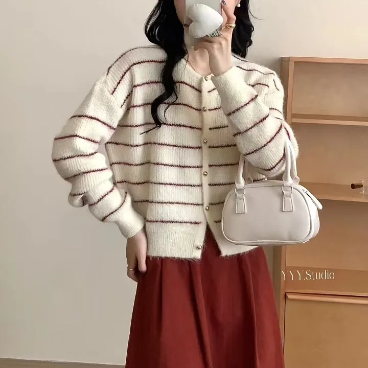 striped knitted sweater women single breasted cardigans long sleeve ...