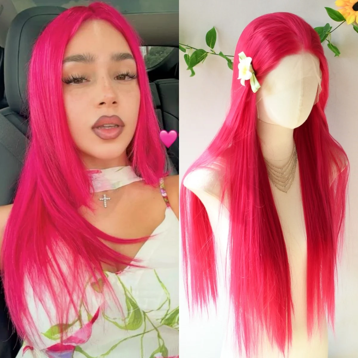 Rose Pink Wig Bone Straight Lace Front Wig 13x4 HD Synthetic And Blend ...