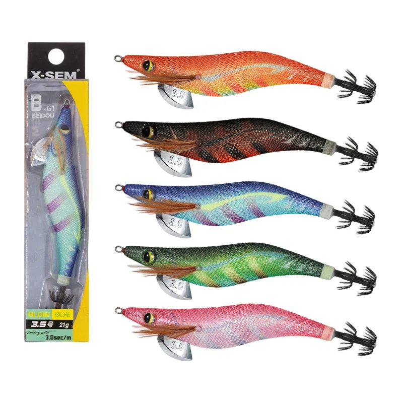 X-SEM B-G1 Luminous Wooden Shrimp Squid Bait EGI JIG Lure Soft Silk ...