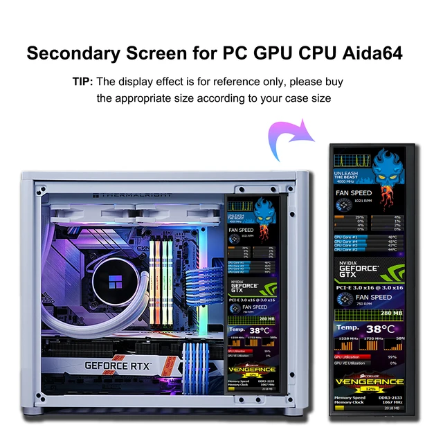 Wisecoco PC Aida64 라즈베리 파이 CPU GPU RAM 온도 속도 디스플레이용 IPS 모니터링 화면, 12.6 인치 긴 디스플레이 화면