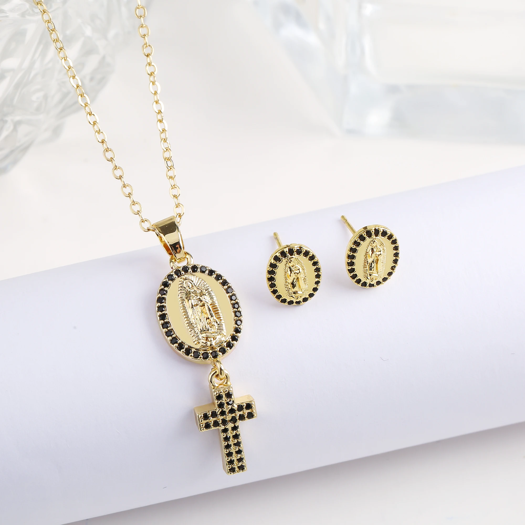 4-Color-Shiny-Zirconia-St-Jude-Cross-Earrings-Necklace-Jewelry-Set-For ...