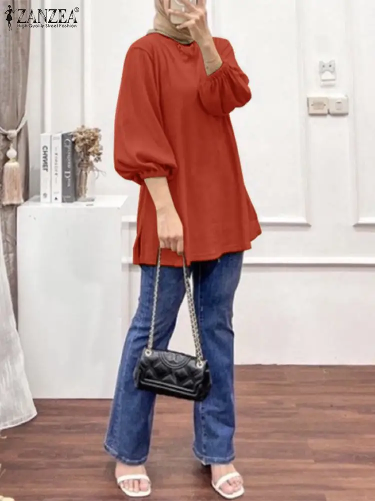 ZANZEA-Fashion-Puff-Sleeve-Muslim-Tops-Woman-O-Neck-Solid-Shirt-Elegant ...