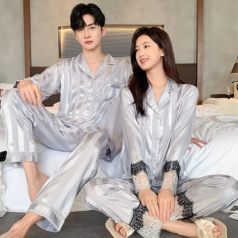 Couple Pajamas Suit Women Male Ice Silk Long-sleeved Sleepwear Summer ...