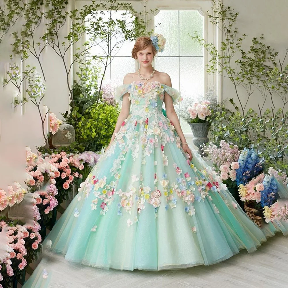 Colorful-3D-Flowers-Party-Dress-Elegant-Off-the-Shoulder-Lace-Appliques ...