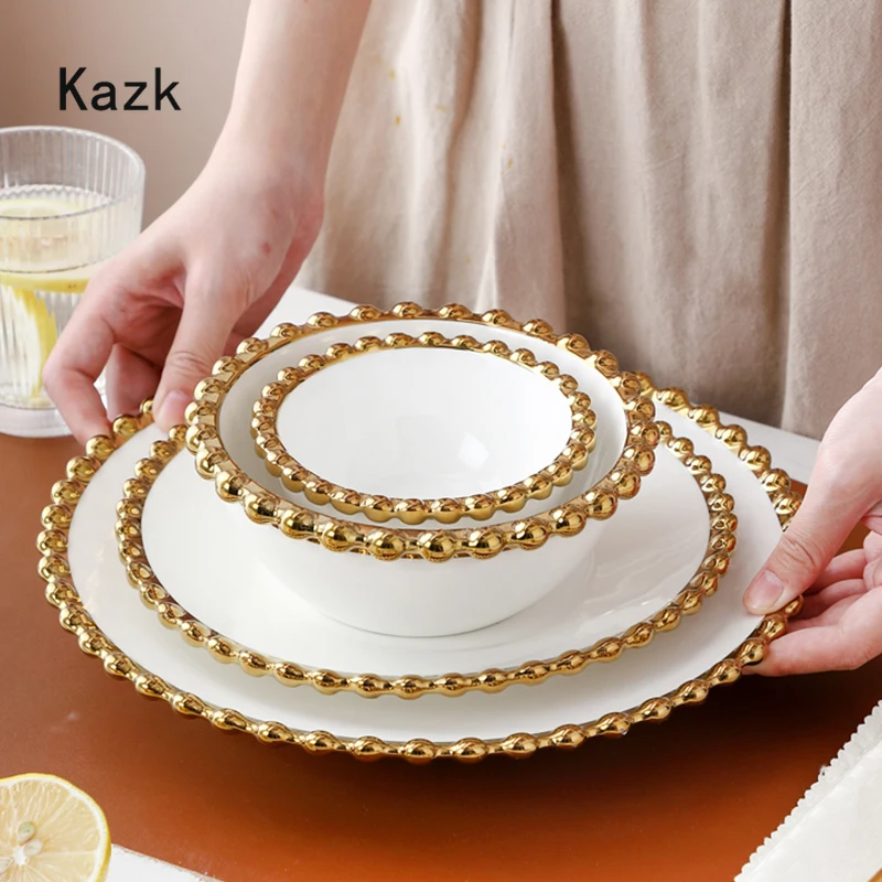 Creative-Golden-Beaded-Side-Dinner-Plate-Nordic-Ceramic-Plates-and ...