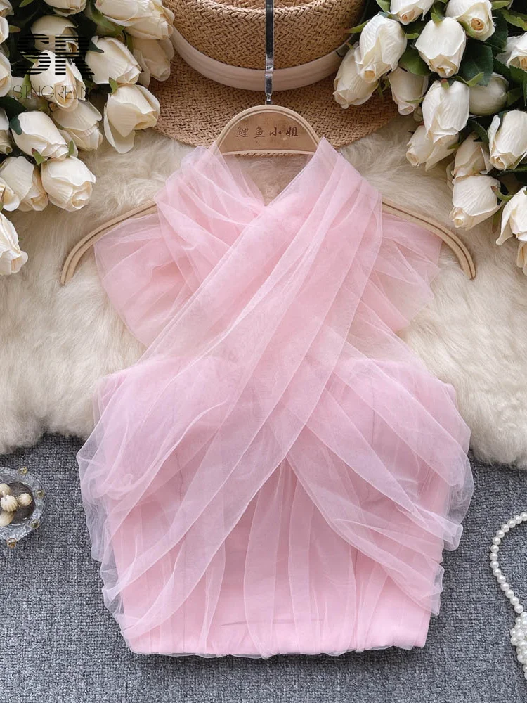 Singreiny Patchwork Mesh Camisole Backless Summer Solid Fashion 2023