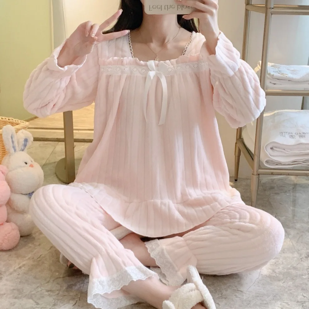 Flannel-Women-s-Pajamas-Sets-Autumn-Winter-Sleepwear-Bow-Solid-Velvet ...