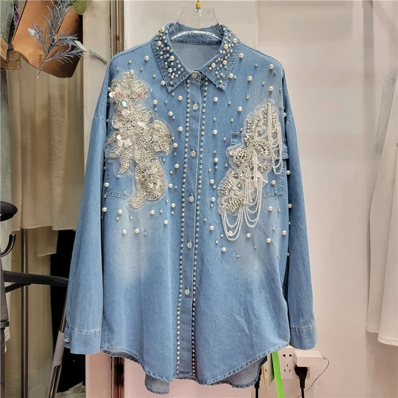 Spring/Summer Women Flowers Embroidery Beaded Denim Shirts Medium ...