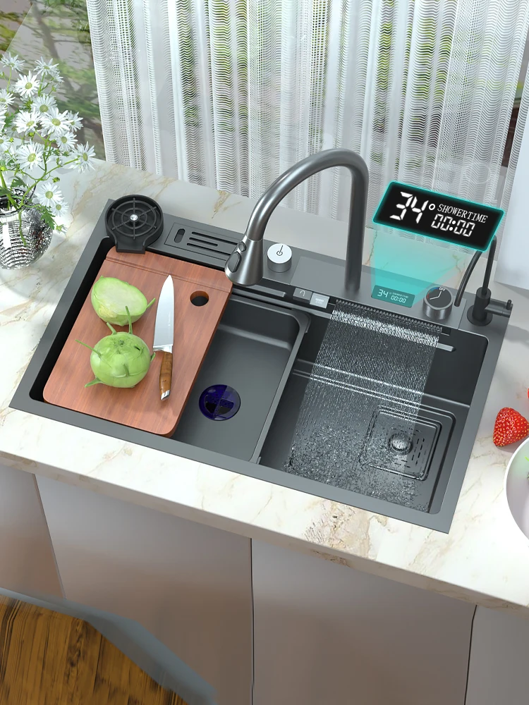 Digital Display Waterfall Sink Nano Stainless Steel Kitchen Sink Large ...