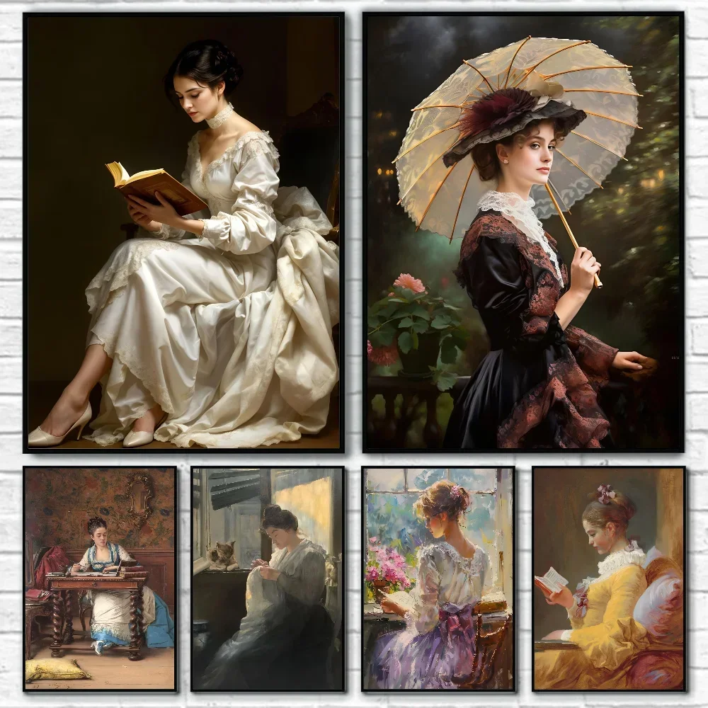Vintage Woman Reading Scene Painting Gallery Bird Canvas Poster Self ...