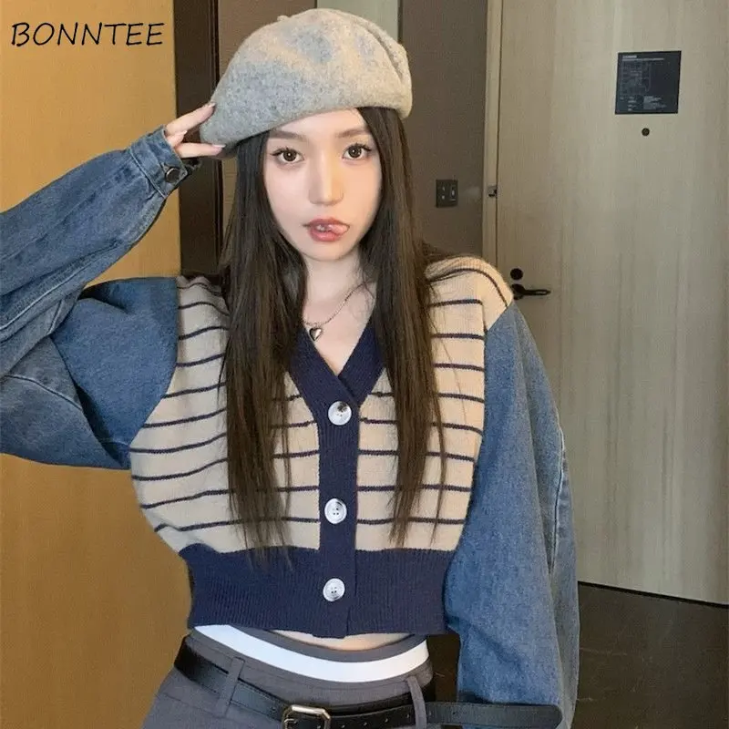 Y2K V-neck Long Sleeve Cropped Cardigan Women Sweaters Vintage Korean ...