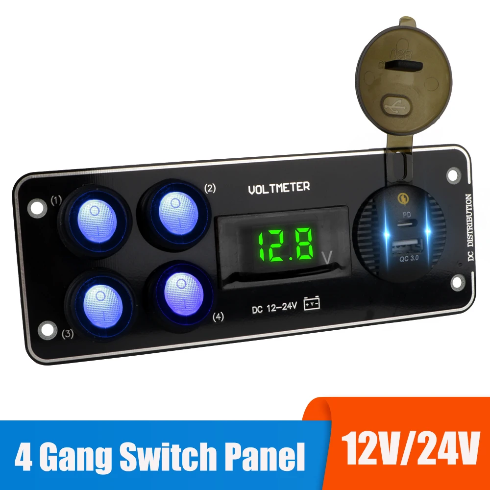 24V-12V-Switch-Panel-4-Buttons-Car-Light-Toggle-USB-Charger-3-0-Power ...