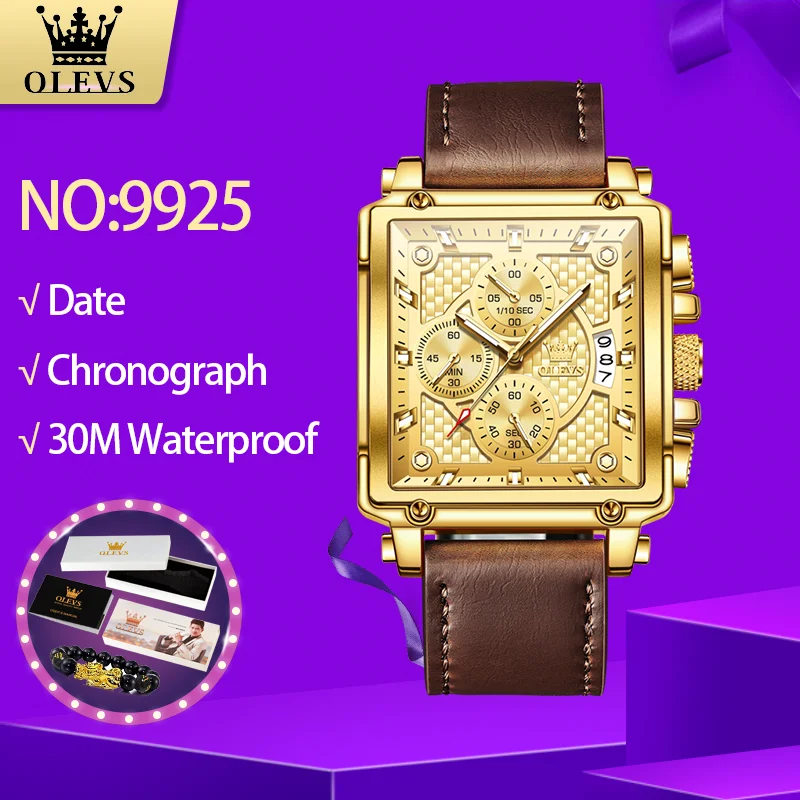 OLEVS Brand 9925 Men's Watches Gold Square Dial Quartz Male Watch ...