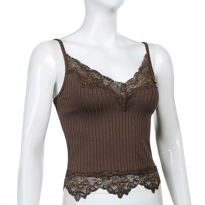 Goth Aesthetic Lace Patchwork Tank Tops For Women Sexy V-neck Brown ...