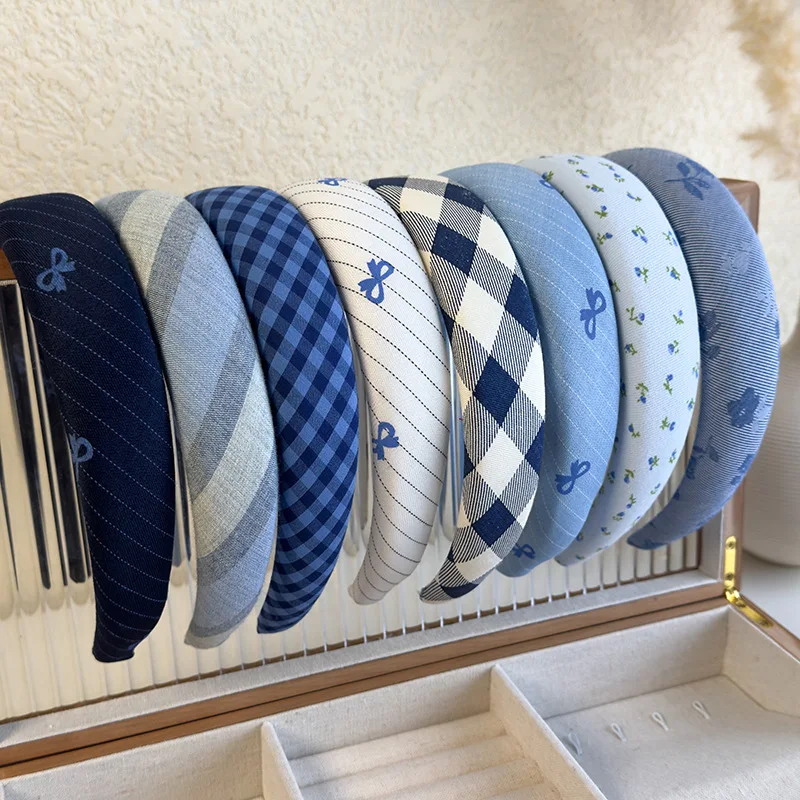 Blue Series Check Bow Headbands Sponge Wide Hair Band for Womans Girls ...