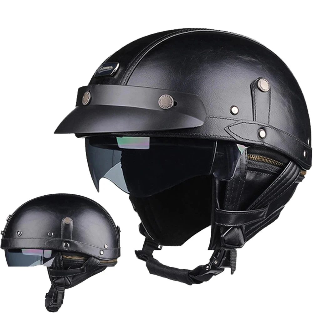 Motorcycle Helmet Retro PU Four Seasons Helmets Ride Half Scooter ...
