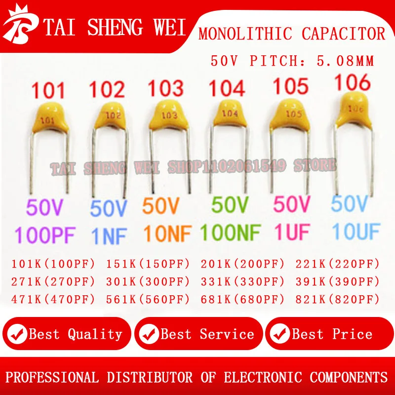 50pcs 50V 모 놀리 식 콘덴서 101 100PF 151 150PF 201 200PF 221 220PF 271 270PF 301 300PF 330PF 390PF ...