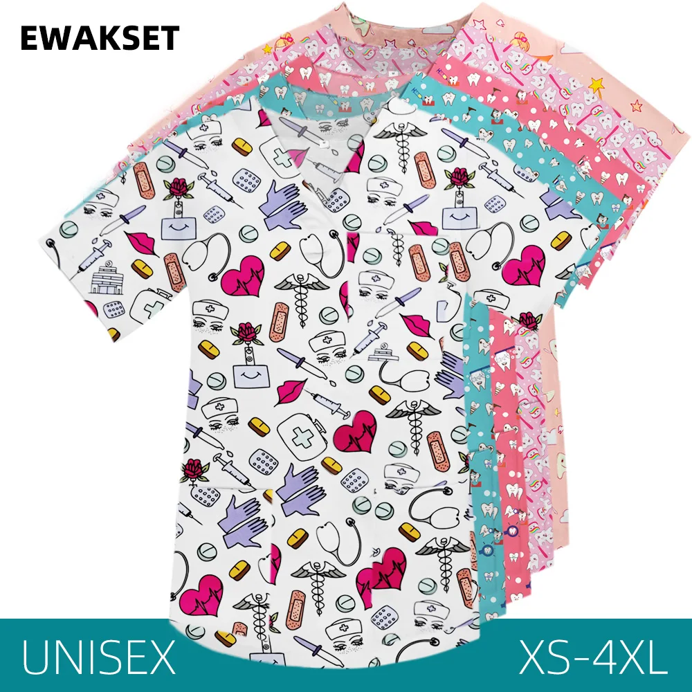 Dental-Uniforms-V-neck-Clothes-Printed-Scrubs-Tops-Dentist-Medical ...