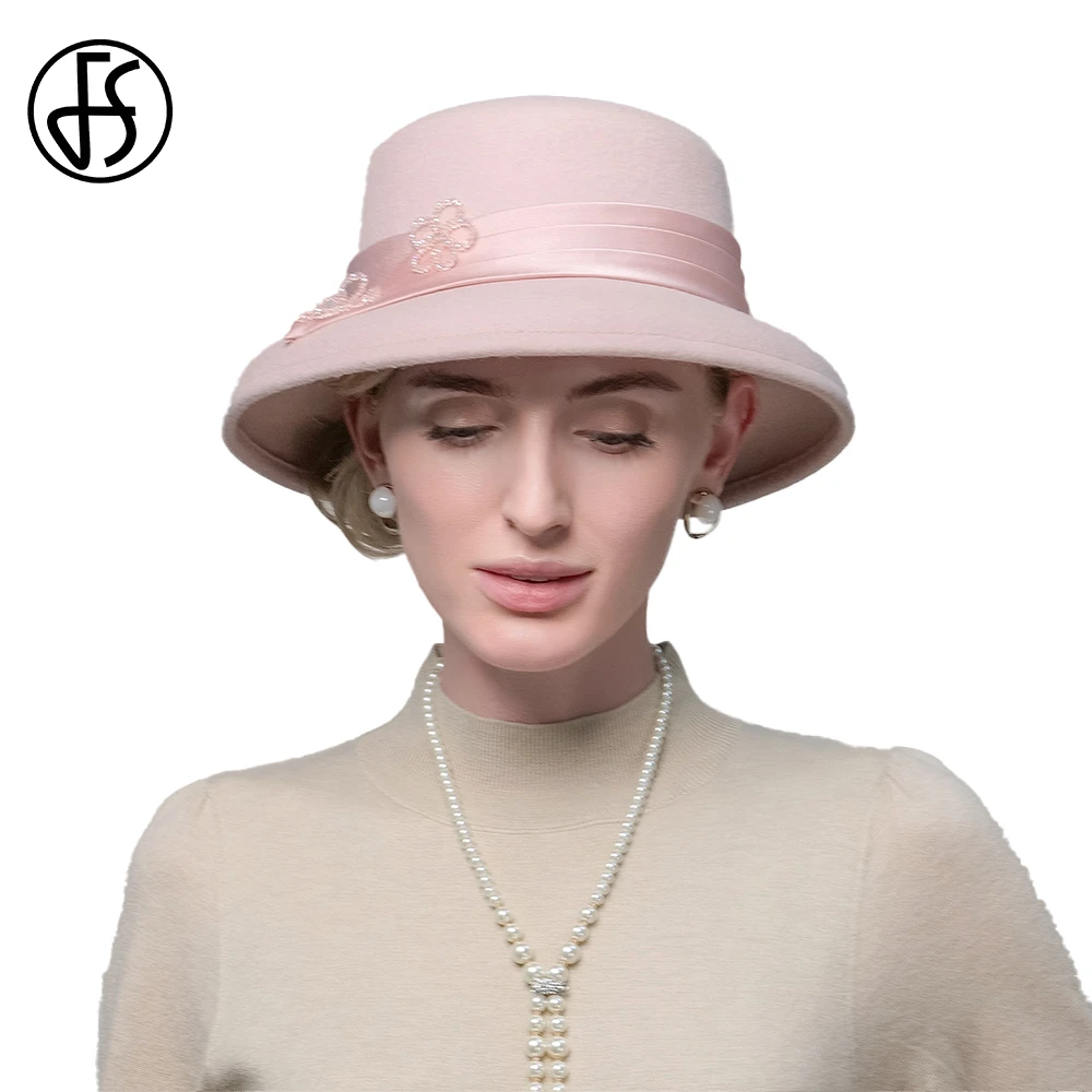 FS Apricot Pink Fedora British Top Hats For Women With Flower Elegant ...