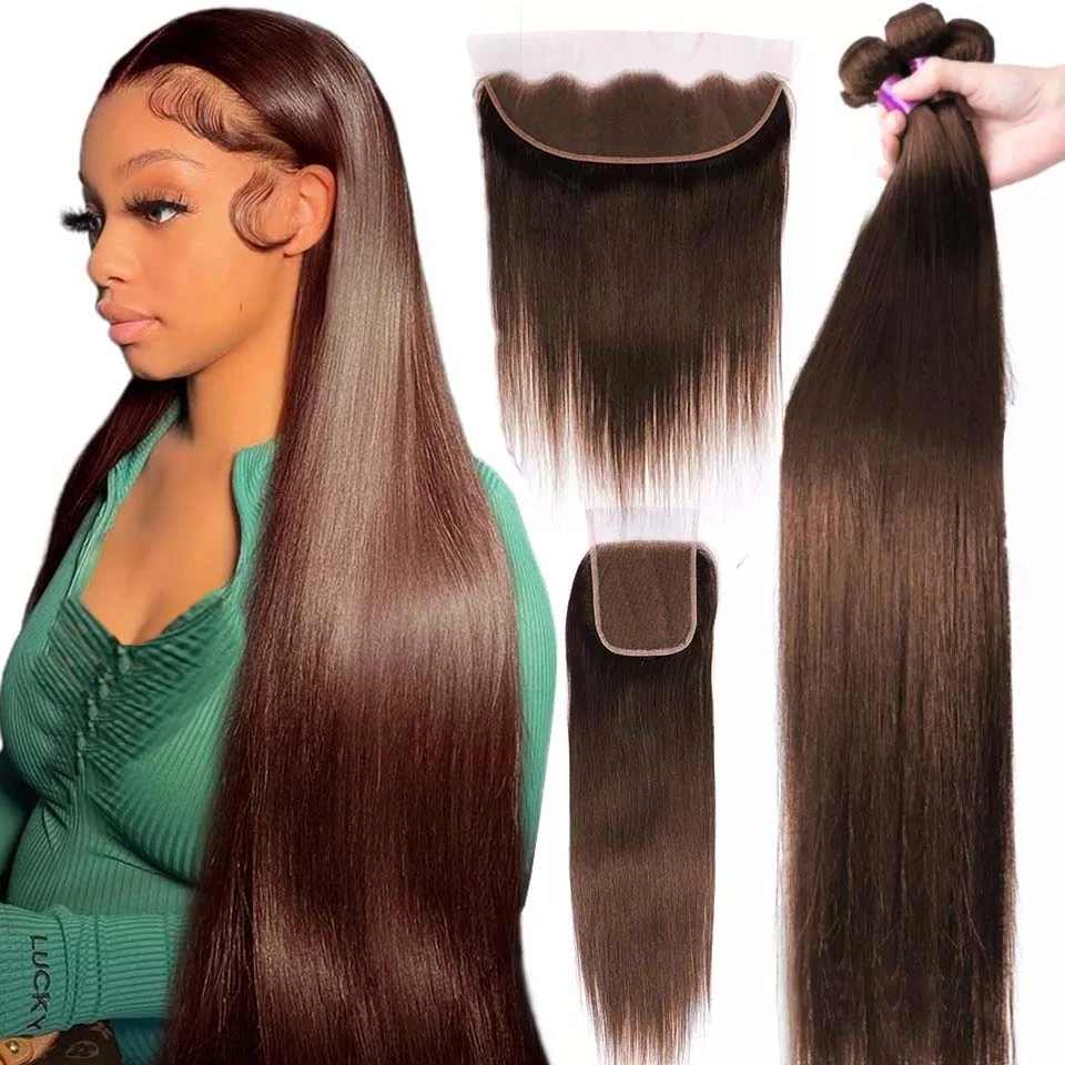 Chocolate Brown Bundles And Closure Bone Straight Bundles With Closure ...