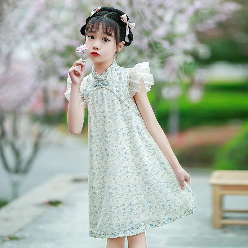 Cute Kids Modern Hanfu Birthday Gift Evening Dresses Girl Green Floral ...
