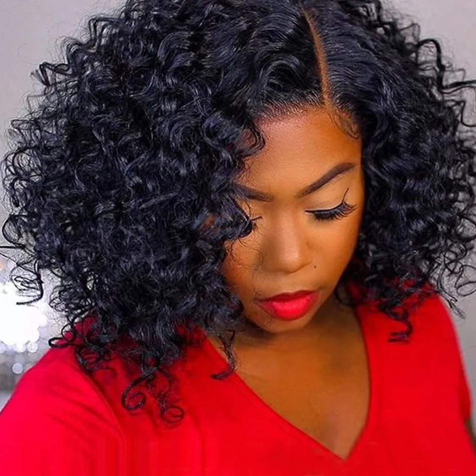 Glueless-Curly-Bob-Peruca-Curta-para-Mulheres-Negras-Lace-Encerramento ...