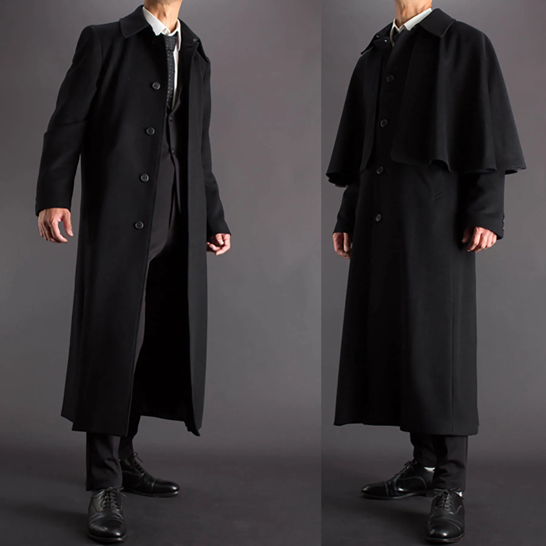 Vintage Black Men's Woolen Coat Single Breasted Lapel WindBreaker ...