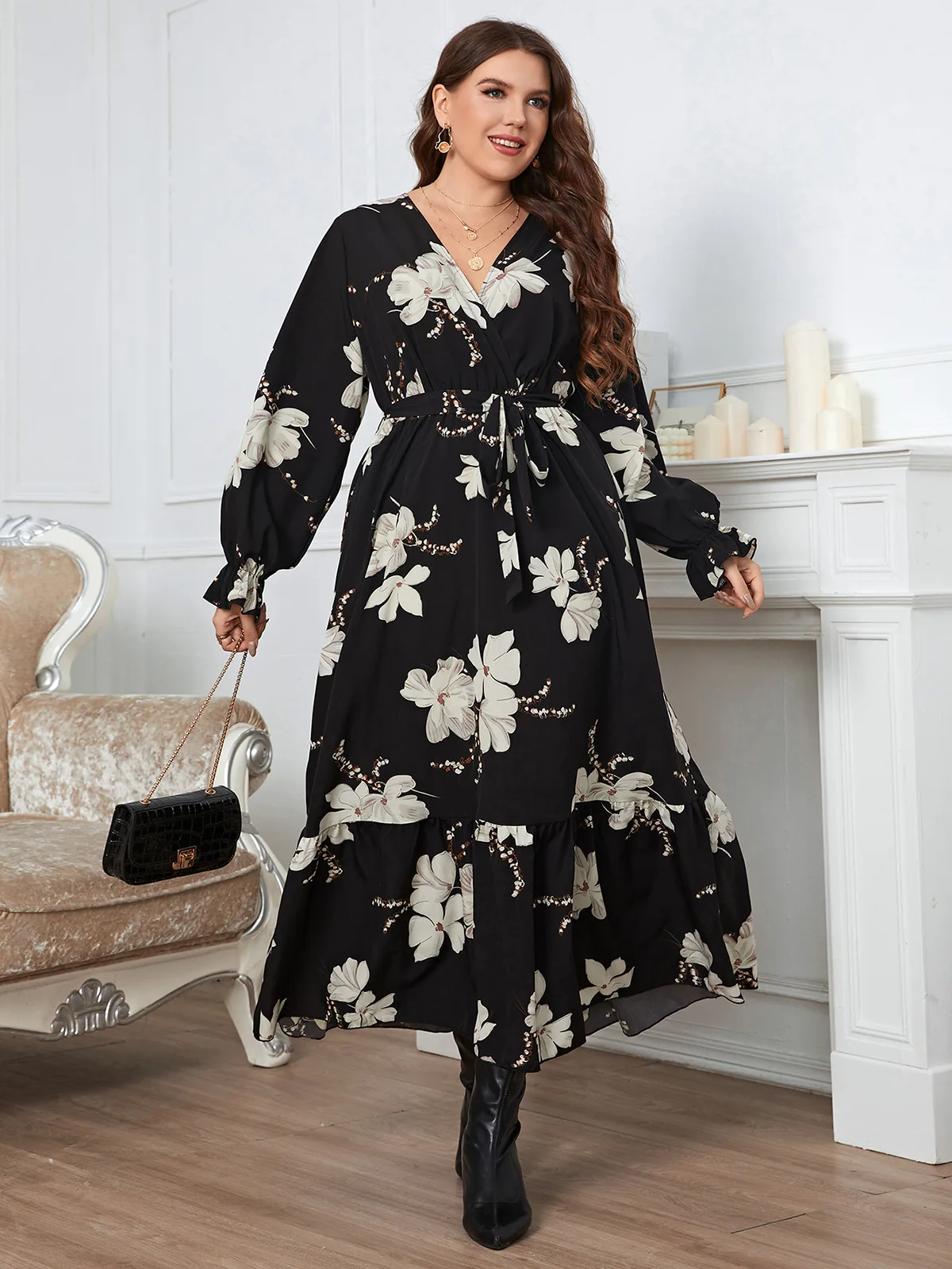 3XL 4XL Plus Size Women Clothing Elegant Flower Printed Dresses V-neck ...