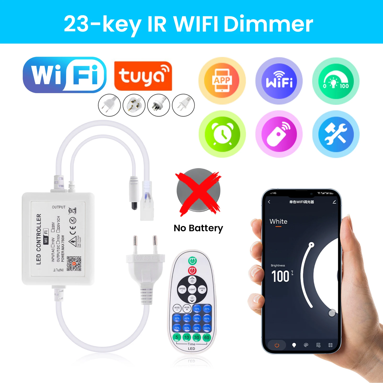 Tuya WIFI LED Dimmer for 10mm Width 110V/220V COB LED Strip Dimmable ...
