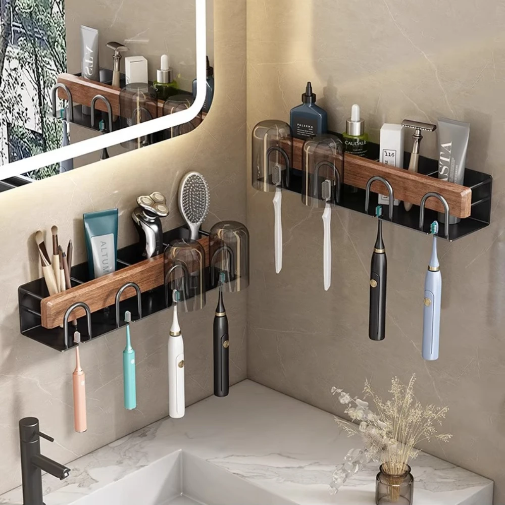 Solid Wood No-Punch Bathroom Toothbrush Holder Tooth Cup Holder ...