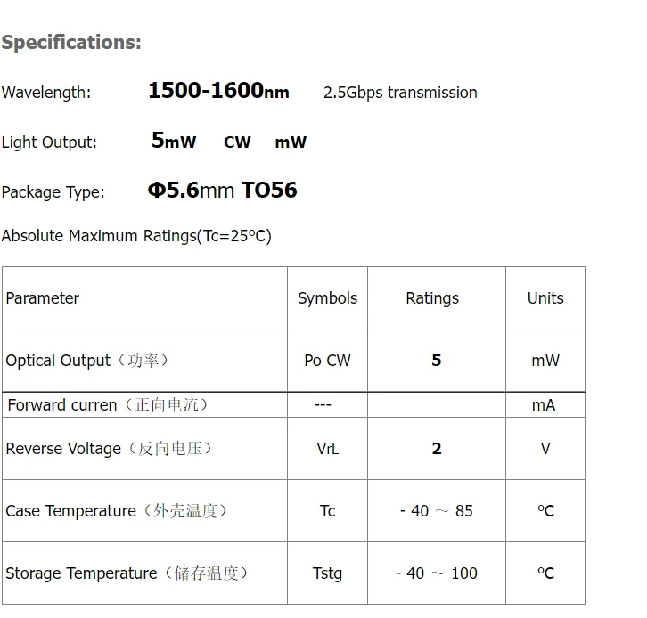 1500nm 1530nm 1550nm 5mw laser diode to56 - BeamQ Laser