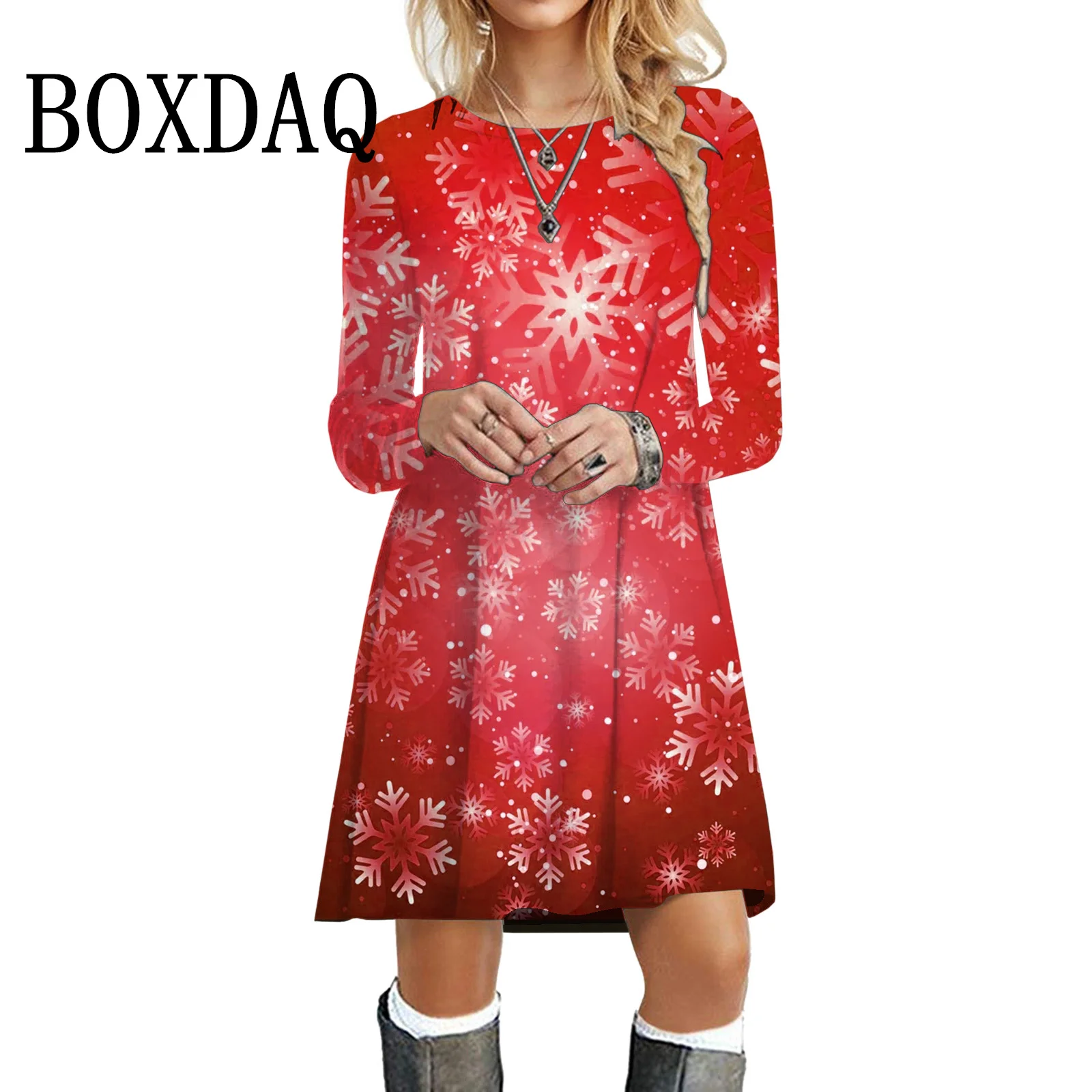 Christmas Dress Women Casual Pullover Snow Print Mini Dress Lady Autumn ...