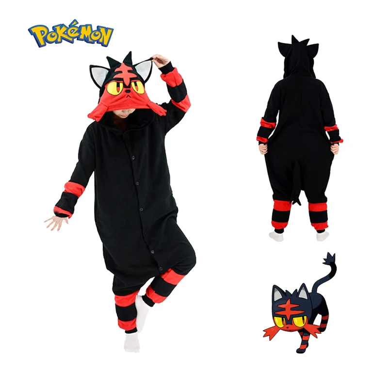 Pokemon Litten Cartoon Onesie Women Pajamas Anime Jumpsuit with Long ...