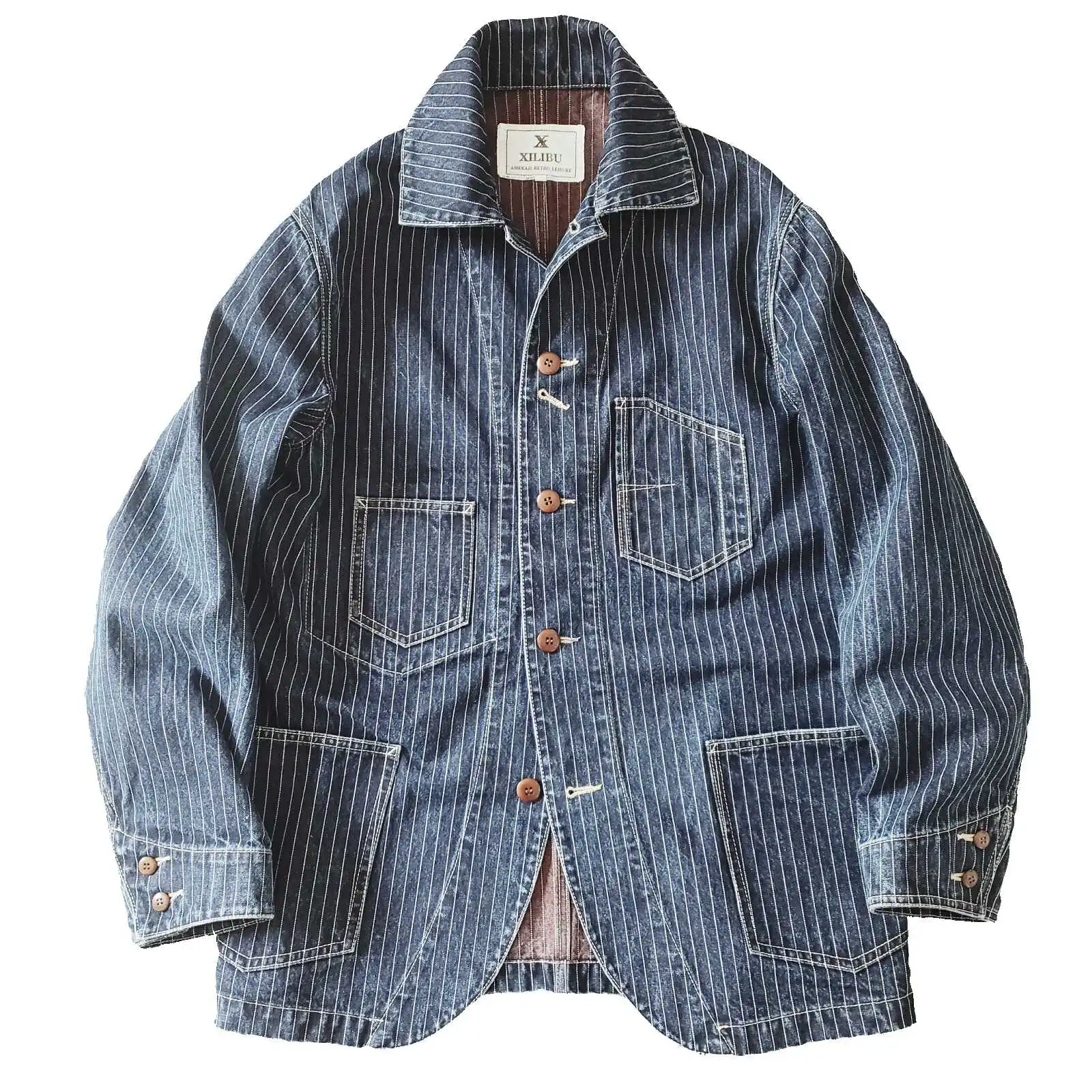 Denim-Jacket-for-Men-Striped-Regular-Fit-Multi-pockets-Spring-Autumn ...