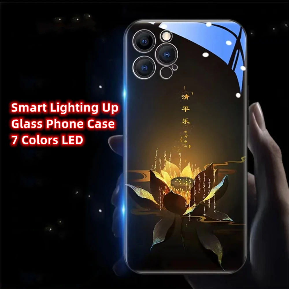 Peace-Lotus-Design-LED-Light-Up-Glass-Phone-Case-Back-Glitter-Cover-For ...