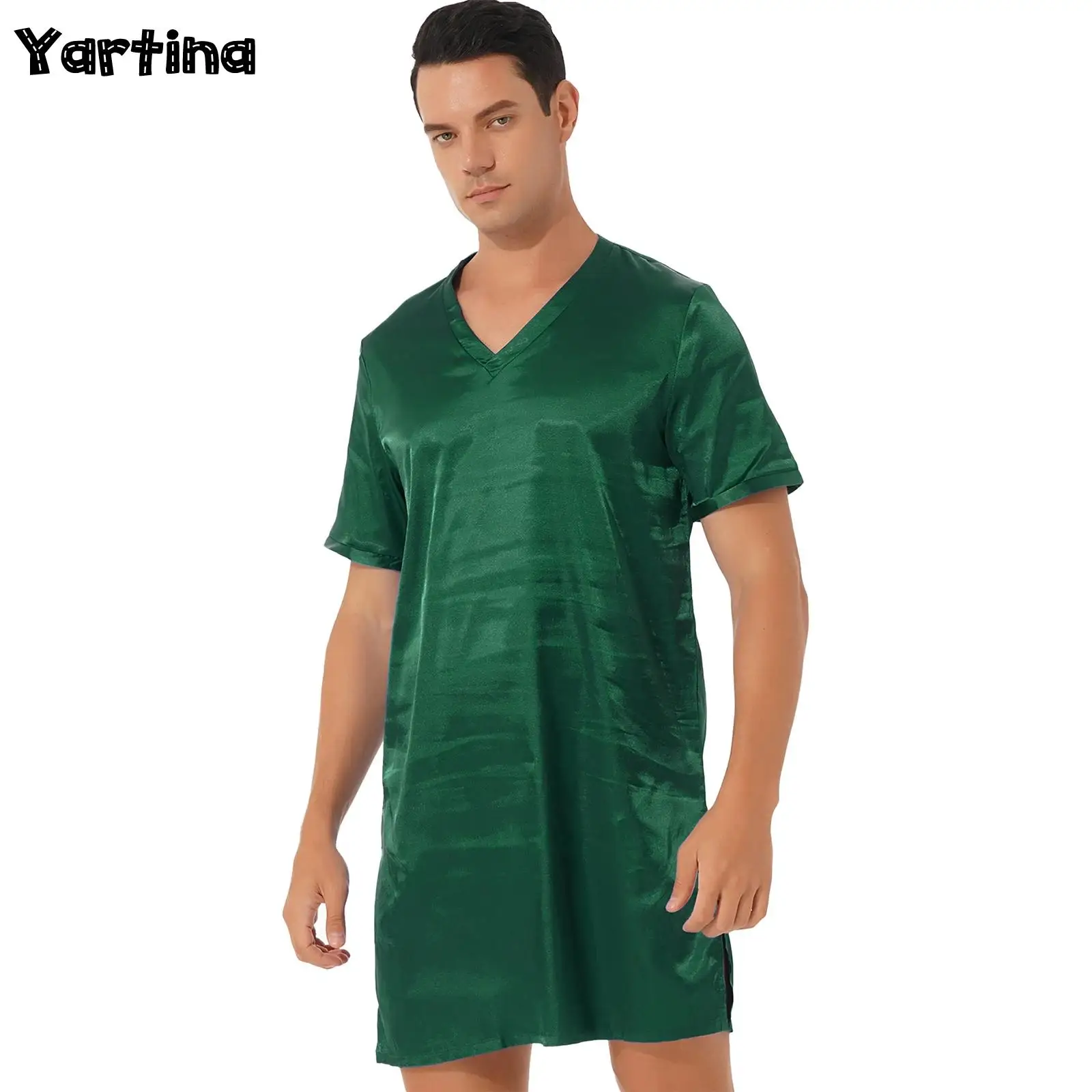 Bathrobe-Mens-Satin-Nightshirt-Long-Sleeve-Night-Dress-Pajama-Top-Silk ...